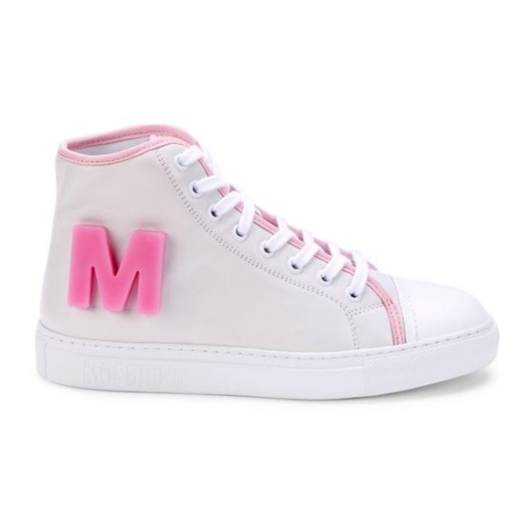 Moschino | Shoes | New Moschino White Pink Leather Logo High Top ...